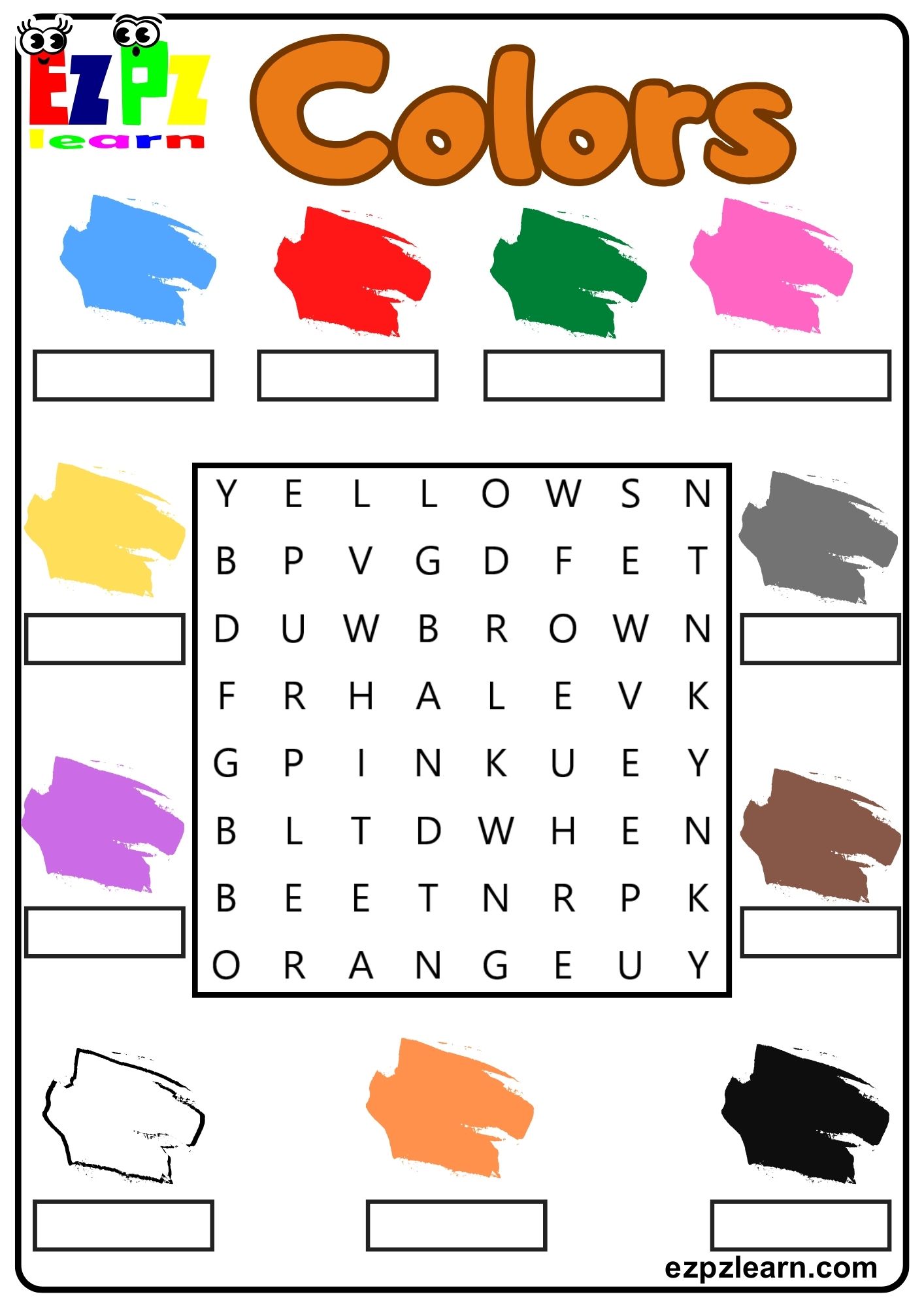 Colors Vocabulary Word Search and Write the Words Activity for Kids PDF Download - Ezpzlearn.com
